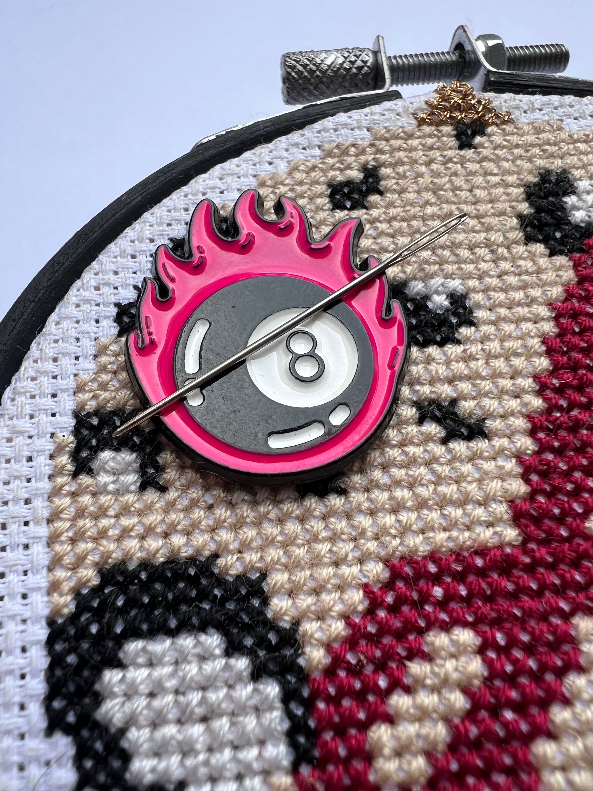 Flaming 8 ball needle minder – Stitch Happens